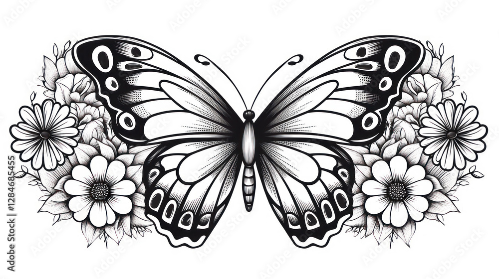 Butterfly and flower black-and-white coloring page for kids Print it on ...