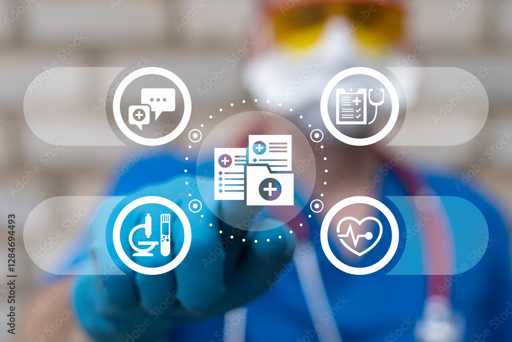 Doctor using virtual screen push icon of patient history symbolizing ...