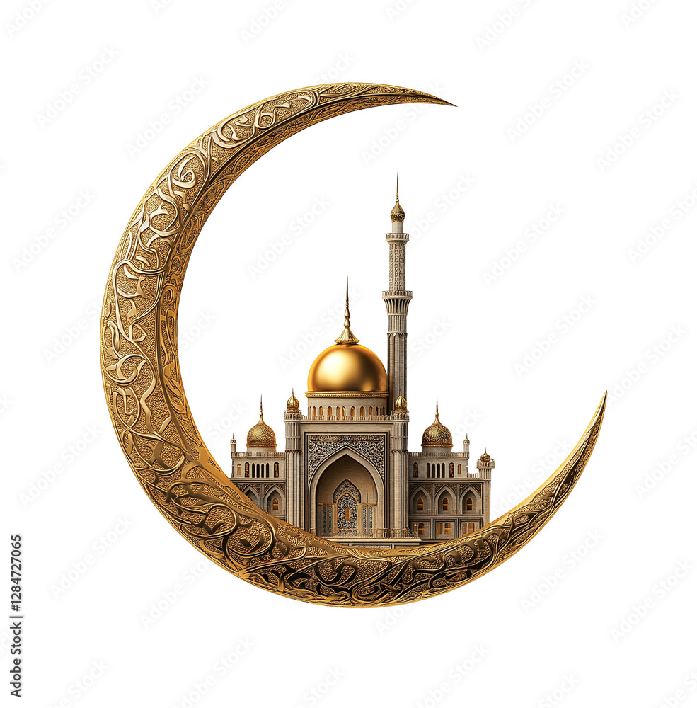Islamic Crescent Moon with Golden Mosque | Eid Mubarak Symbol, Ramadan ...