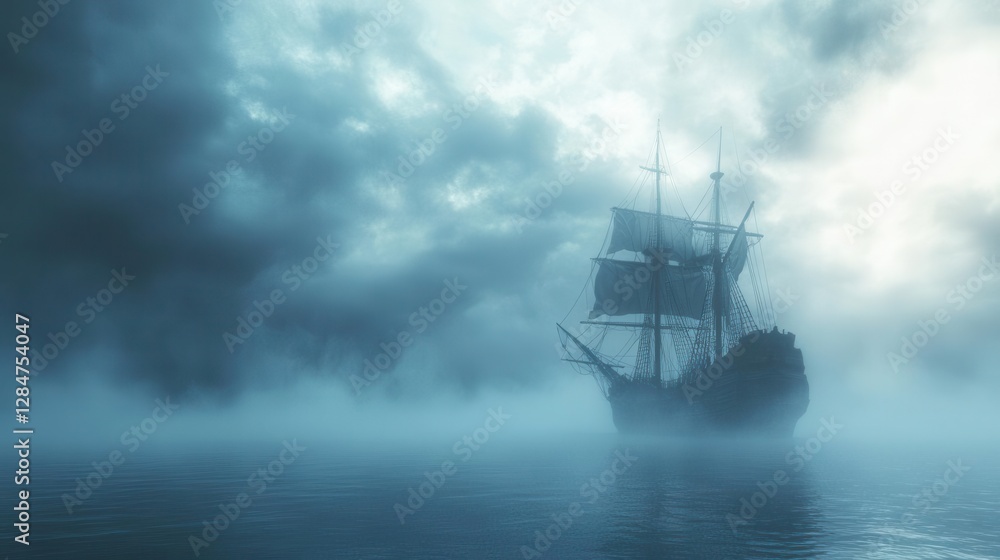 Majestic Ghost Ship Emerging Through Dense Fog at Twilight with Tattered Sails and Ancient ...