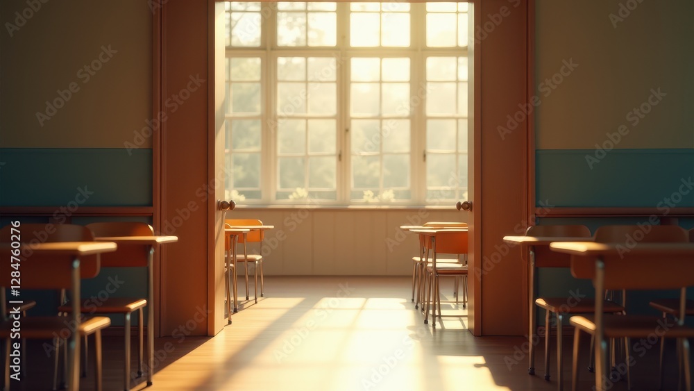 Open classroom door, A front view of an open classroom door with sunlight streaming in creating ...