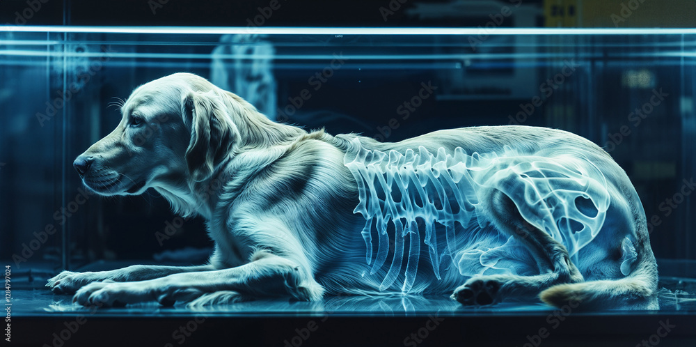 Translucent blue X-ray overlay on resting sitting dog revealing ...