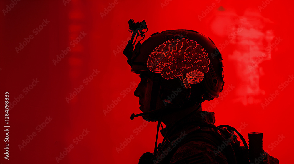 Military soldier silhouette with brain visualization overlay against ...