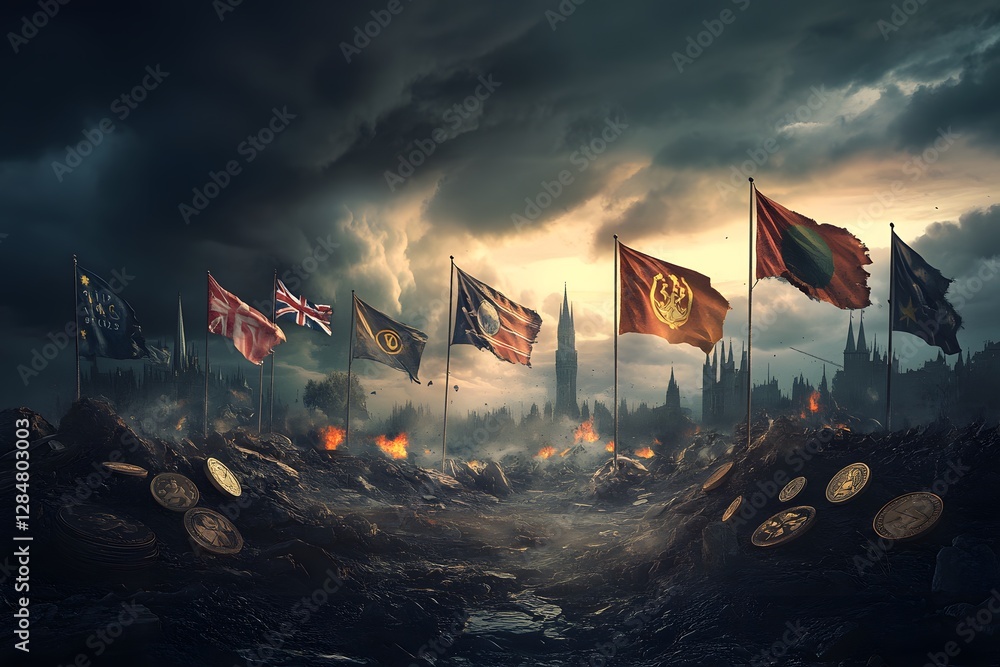 Battleground of Nations: An evocative scene of conflict, where flags of ...
