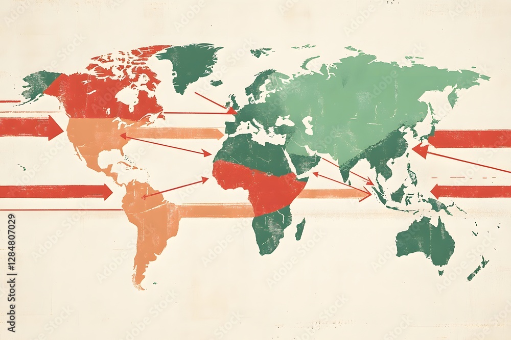 World Map with Arrows: A stylized world map, rendered in a muted color ...