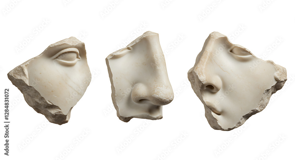 Broken pieces of ancient Greek statue face isolated. Antique sculpture ...