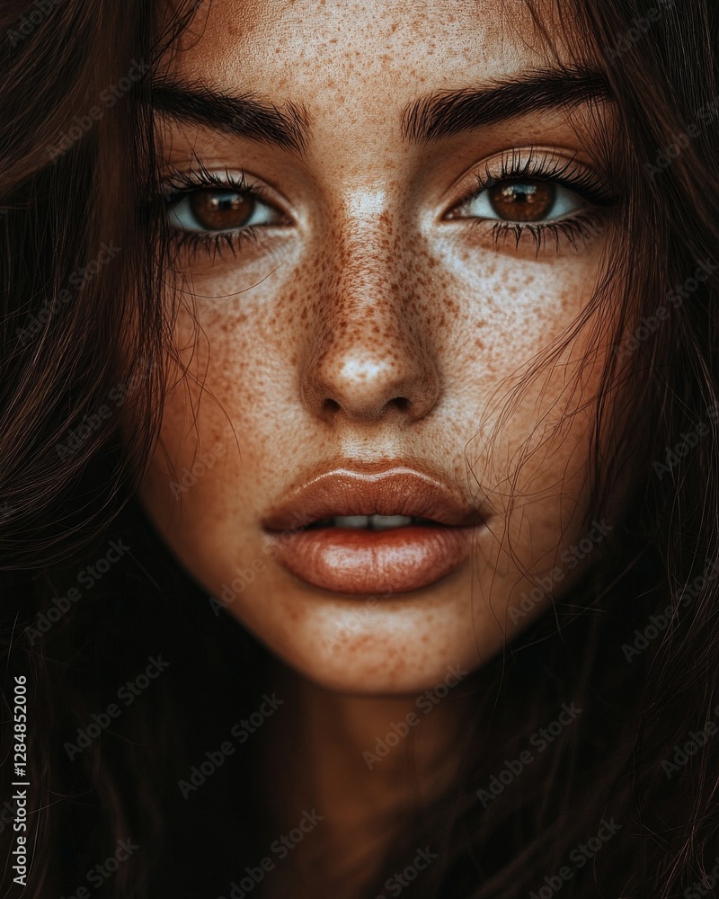 Captured in a portrait, a young woman aged 20-30, with sun-kissed tan skin, deep brown eyes ...