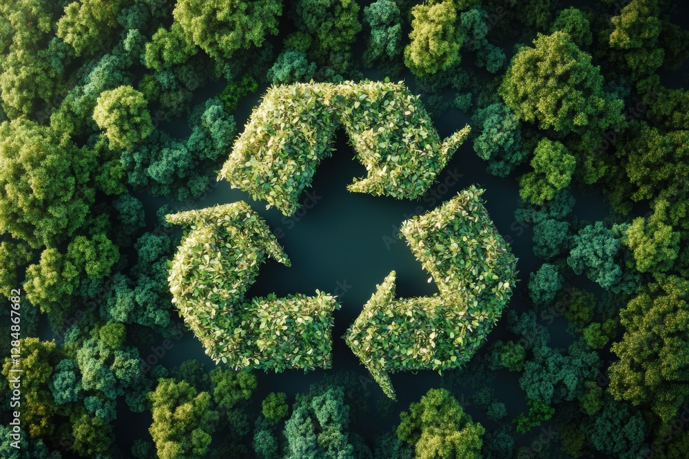 Reduce reuse recycle concept with planet earth symbol amidst lush green forest Stock Photo ...