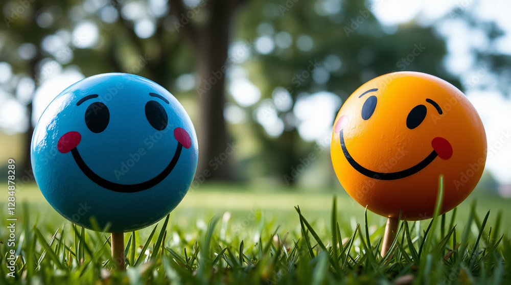 two spherical objects resembling smiley faces, positioned side by side ...