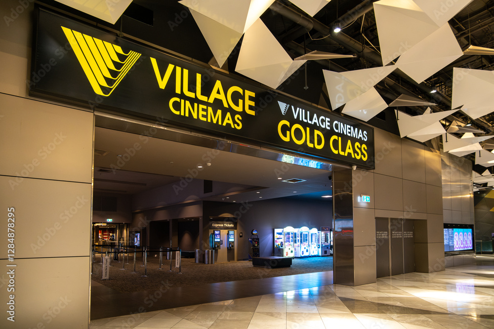 The entrance of the movie theater featuring the Village Cinemas Gold ...