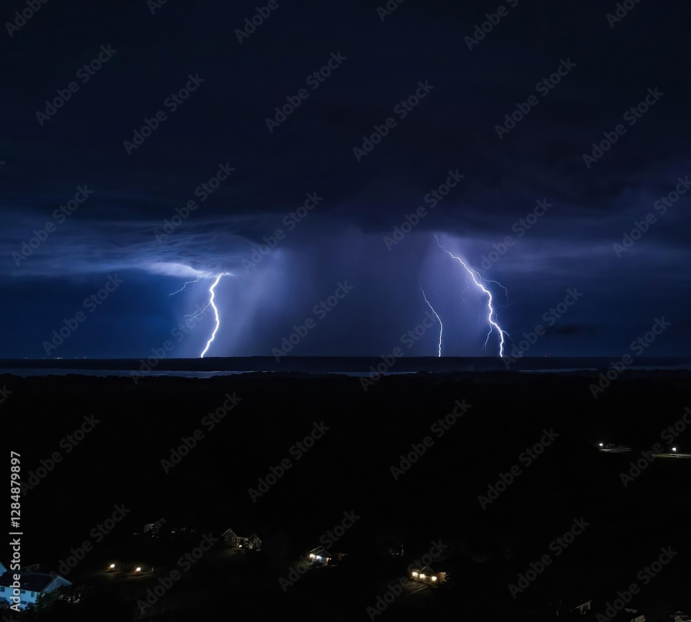 Multiple lightning bolts at night with downburst of rain in mthe iddle ...