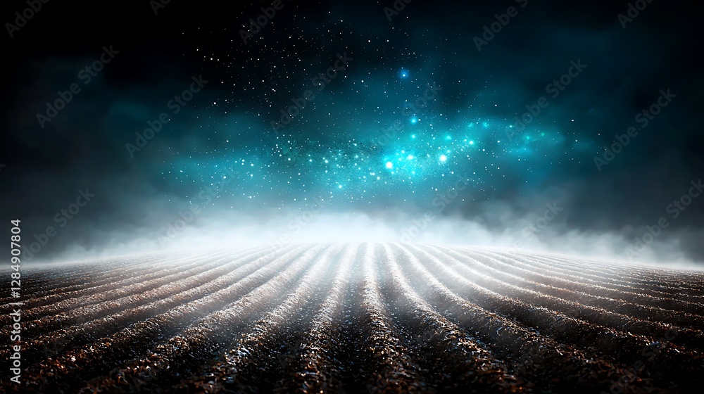 Starry night sky over a misty field with rows of freshly plowed earth ...