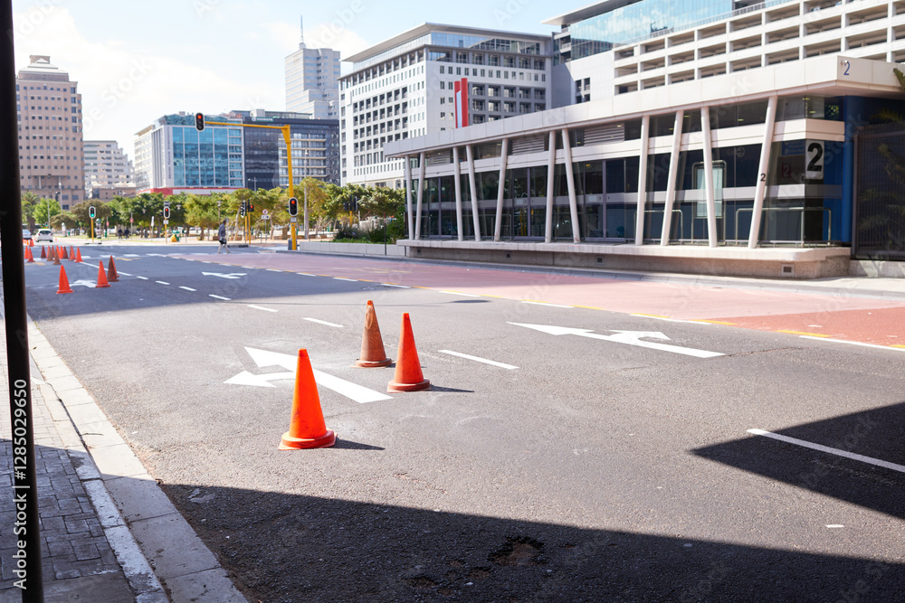 Стоковое фото «City, street and traffic cone on road to block for ...