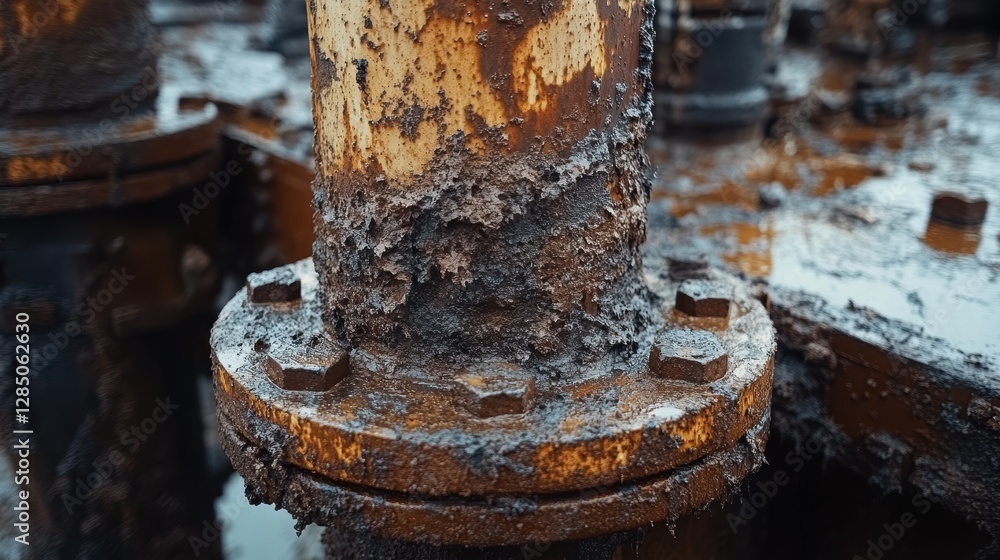 Rusty pipe with corrosion and grime in industrial setting, showing wear ...