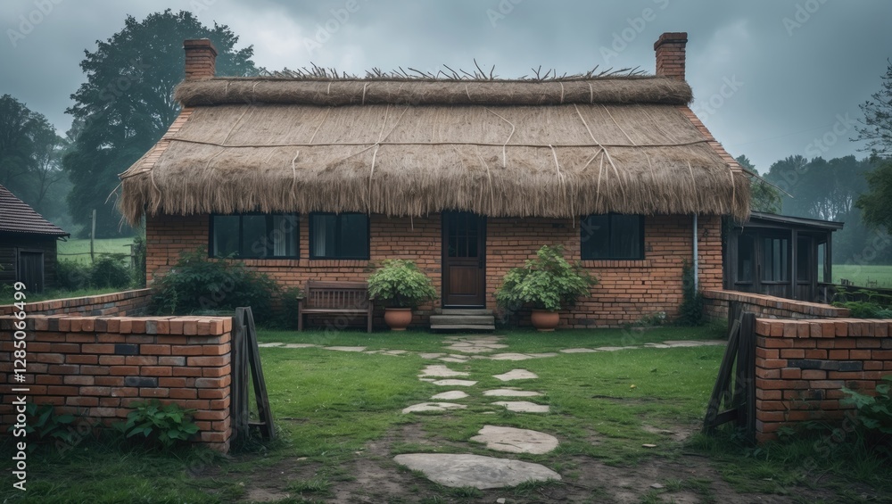 Charming home with brick walls and a thatched roof nestled in a ...