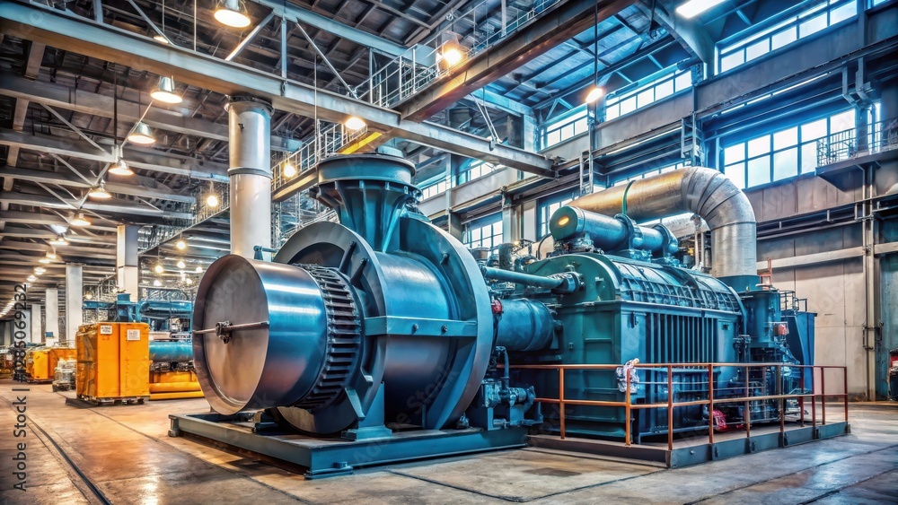 Powerful big generator on industrial site with metal pipes and ...