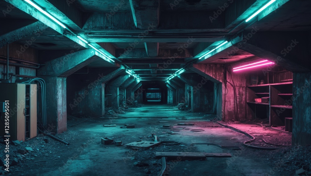 Abandoned underground bunker featuring neon lighting with remnants of ...