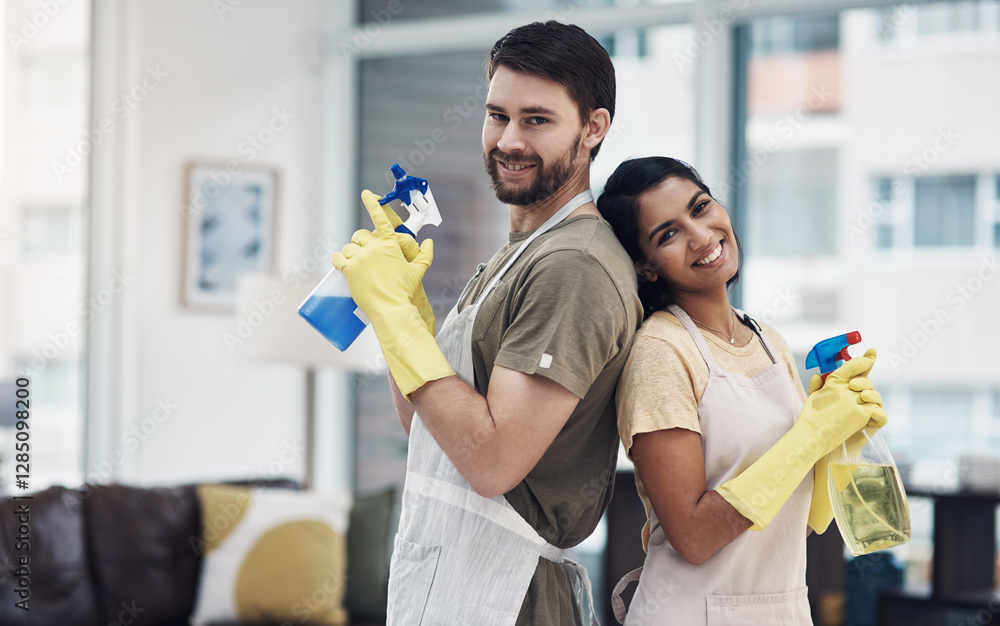 Photo Stock Cleaning, home and portrait of couple with spray bottle for ...