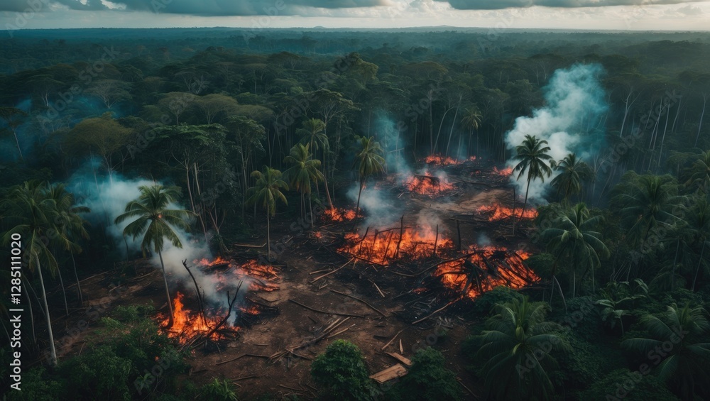 Aerial perspective of deforestation in the Amazon rainforest. Illegally ...