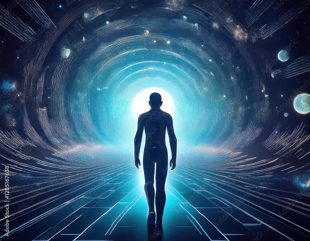 una silueta humana entrando en un portal cuantico del mundo en 2025 ...