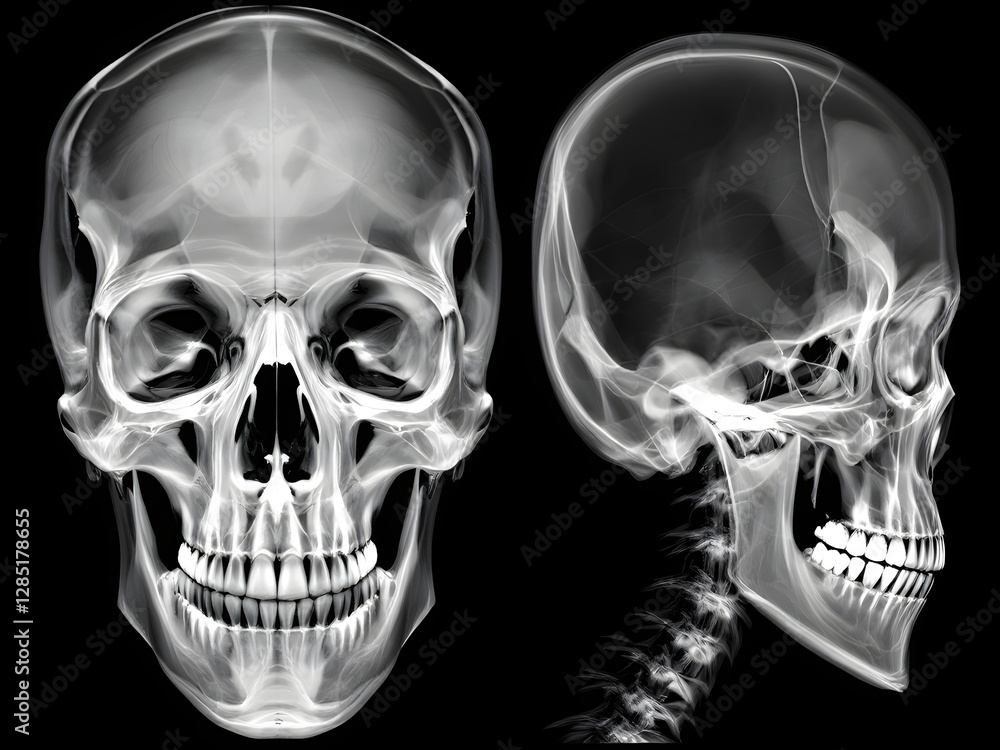 Human skull, X-ray, anatomy, bones, cranium, jaw, teeth, medical ...