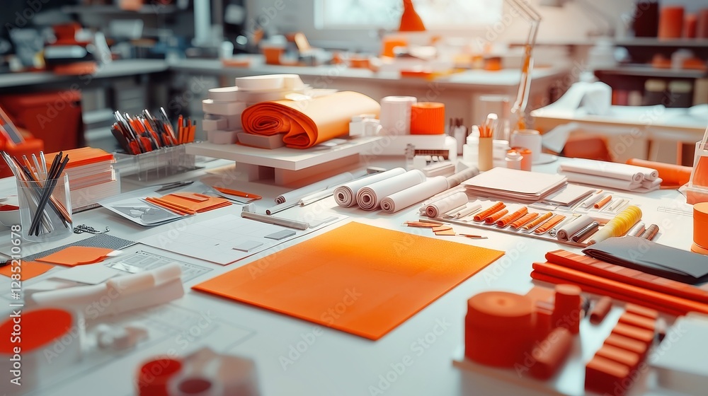 Fashion design studio featuring organized fabric swatches and design ...