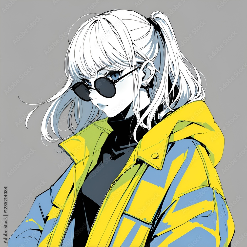 anime style woman, white hair anime, blue sunglasses, yellow jacket ...