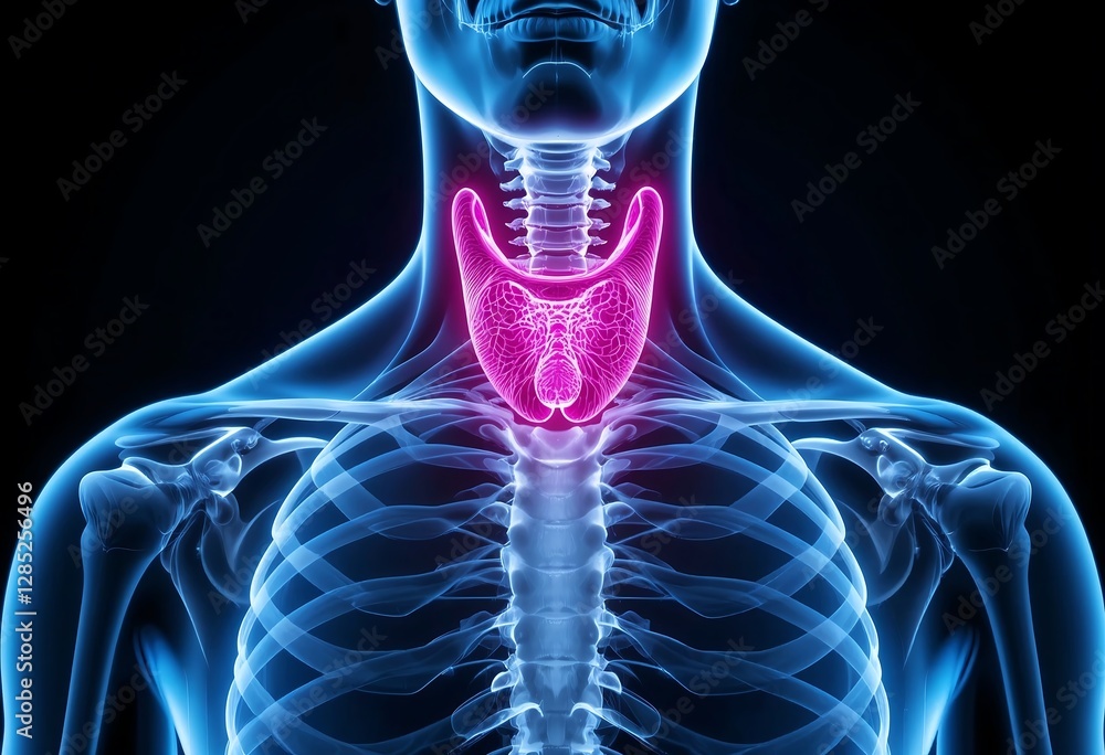 Digital illustration of the human thyroid gland highlighted in pink ...