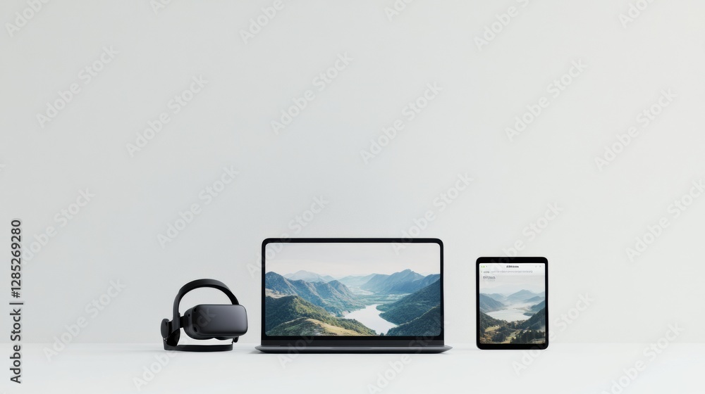 Minimalist Digital Travel Modern VR Headset and Devices in Sleek Metal ...