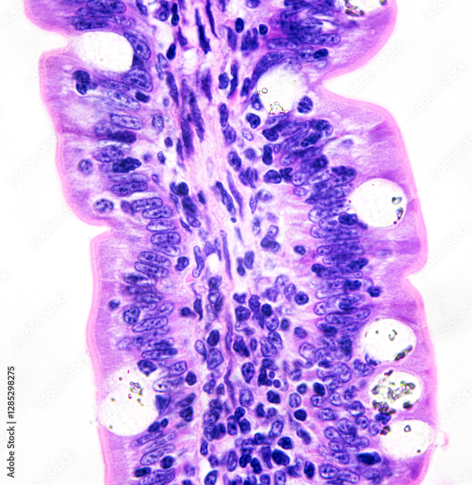 This is a histological photo of the human small intestine, focusing on ...