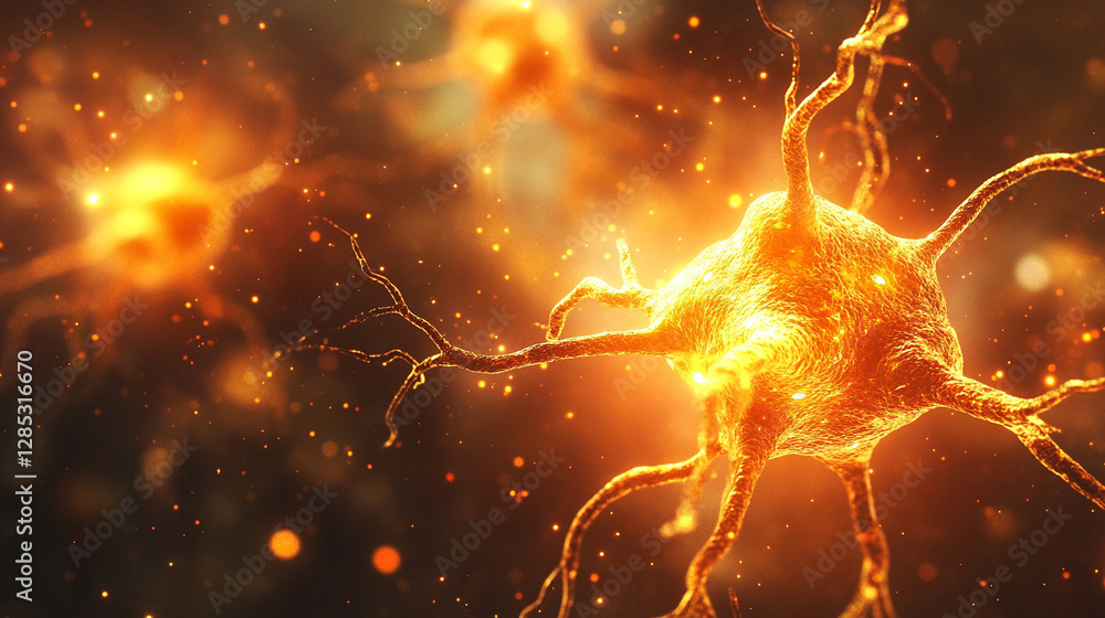 Orange Glowing Neural Network Depicting A Nerve Cell Neuron Transmitting Electrical Signals In