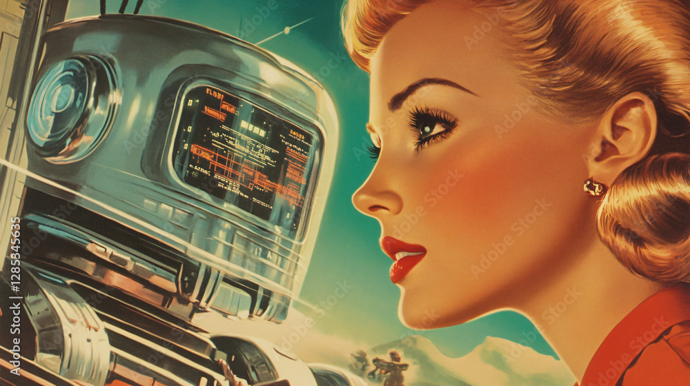 Retro sci fi poster 1950s futuristic woman space helmet artificial intelligence robot vintage ...