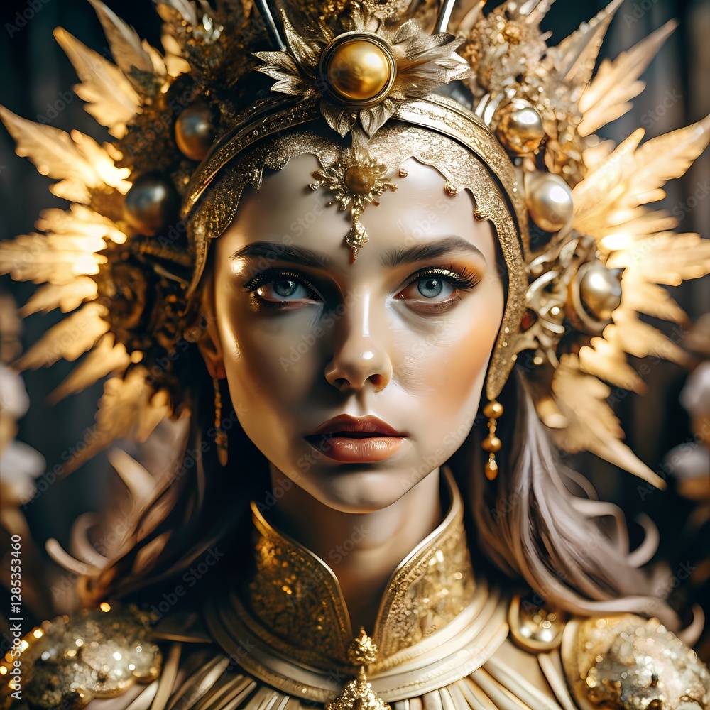 Fantasy goddess portrait with golden crown and glowing background ...