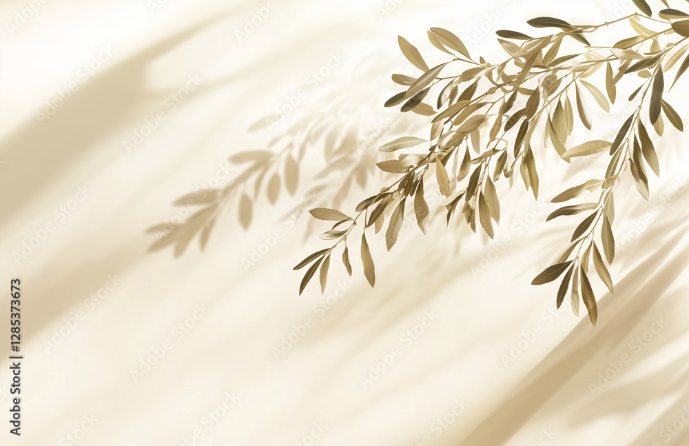 Olive tree branch with olive leaves, white background, blurred lines of ...