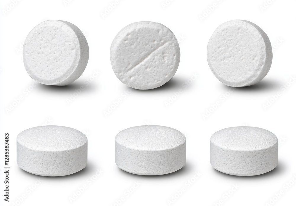 Six white pills with varying angles and slight texture differences ...