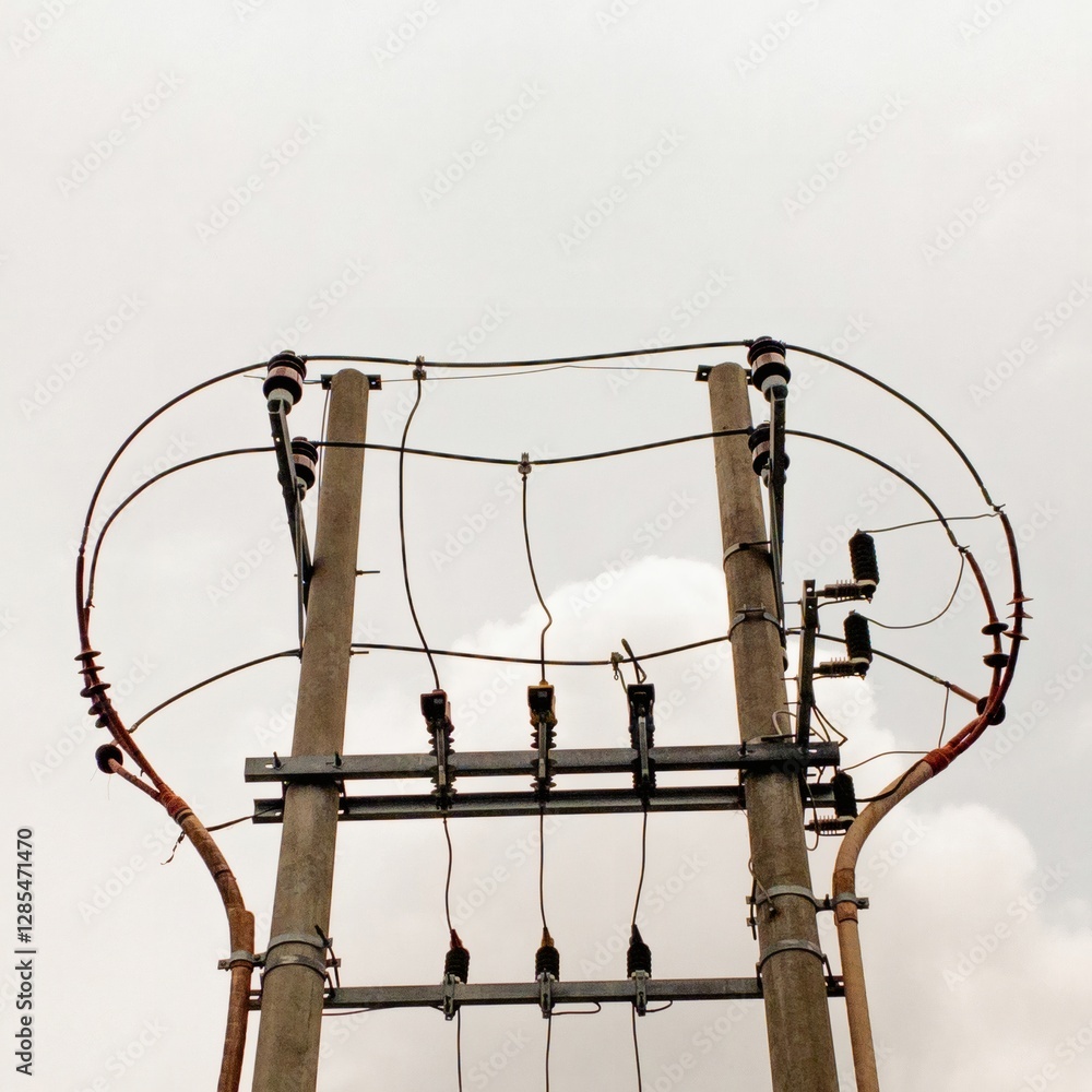 A high-voltage power distribution pole with electrical insulators ...