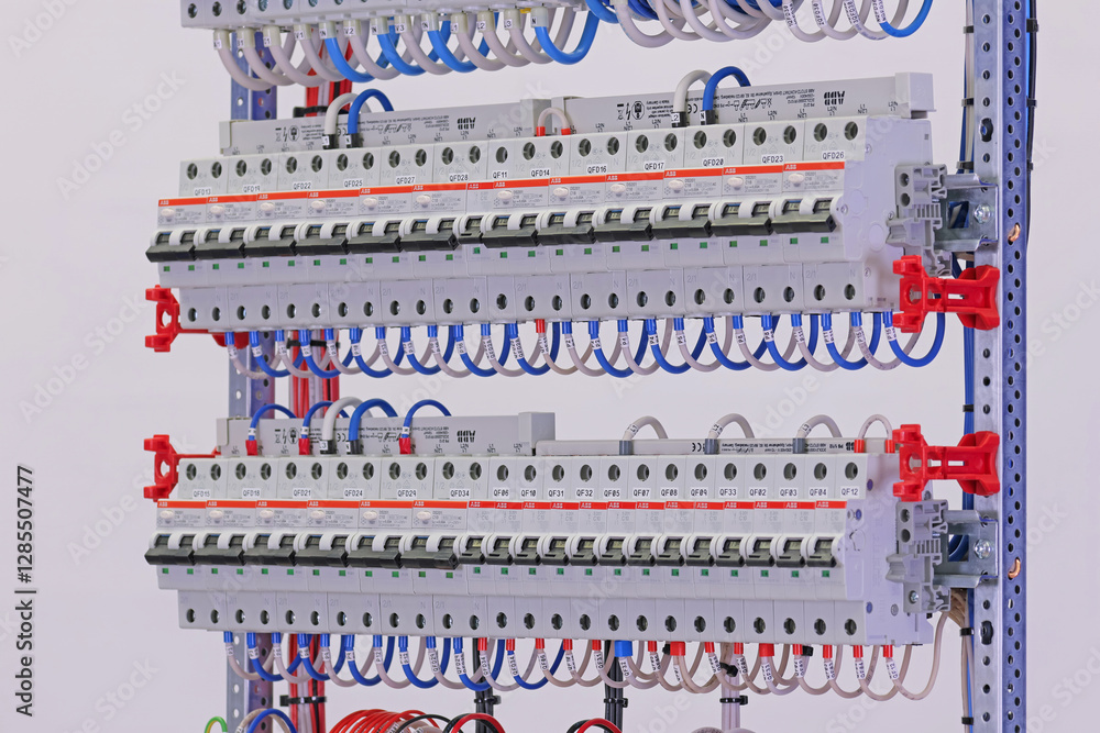 ABB circuit breakers are installed in the electrical switchboard on a ...