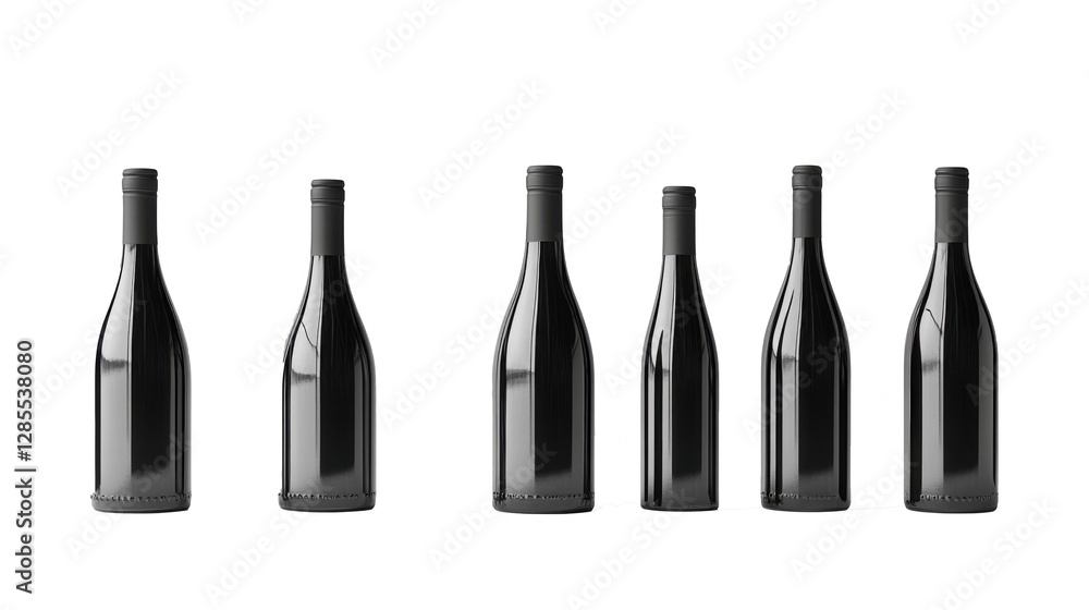 Six identical, dark-colored wine bottles stand in a row against a ...