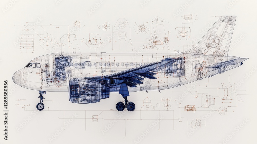 Highly detailed blueprint schematic diagram of a commercial passenger ...