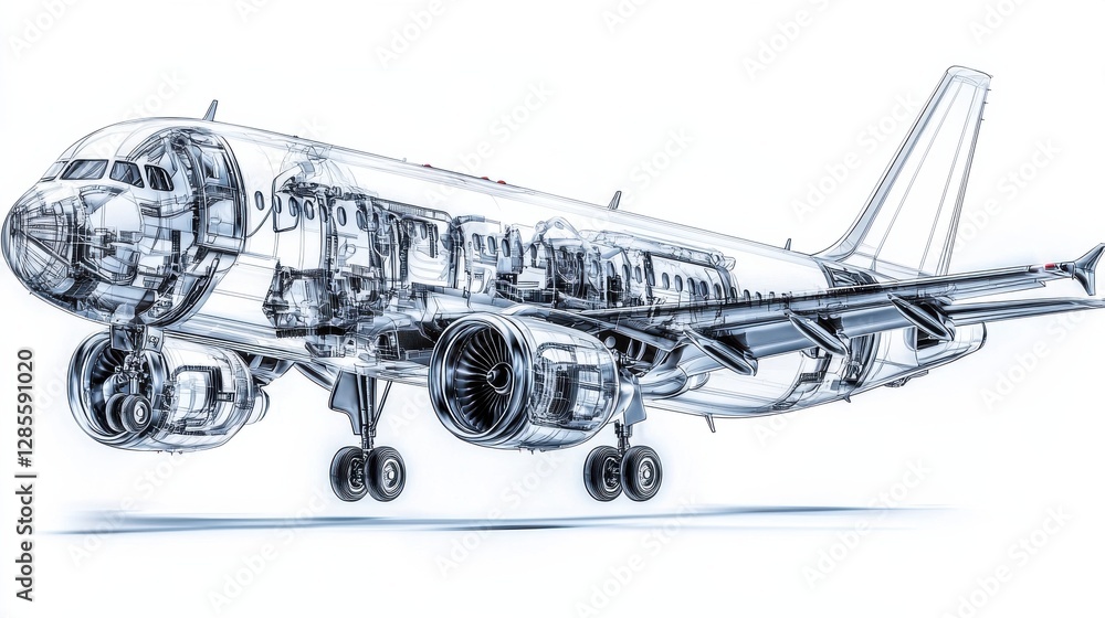 Detailed cutaway diagram or exploded view of a commercial passenger jet ...