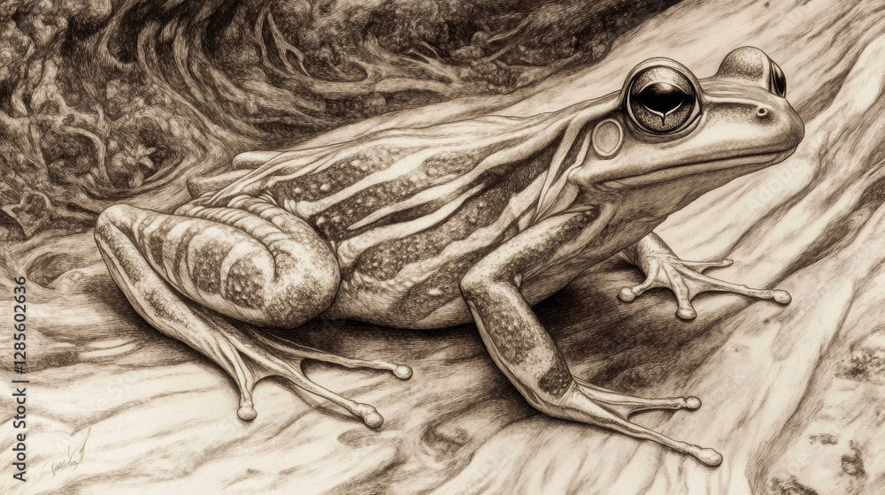 vintage etching style drawing of frog, showcasing intricate details and ...