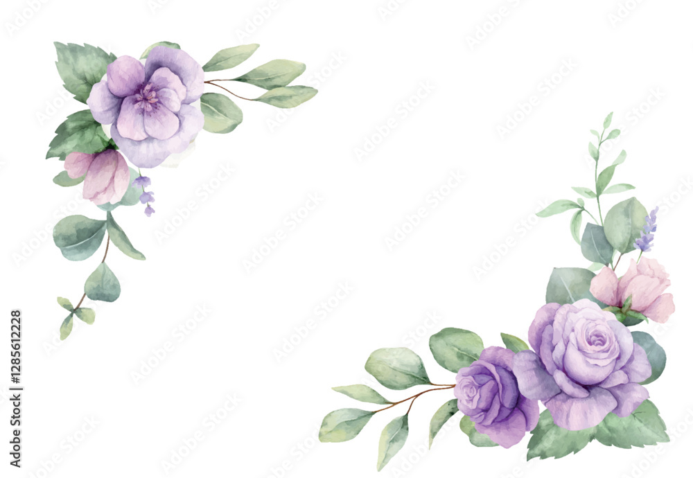 Stock-Vektorgrafik „Watercolor corner border frame. Green eucalyptus leaves and purple roses ...