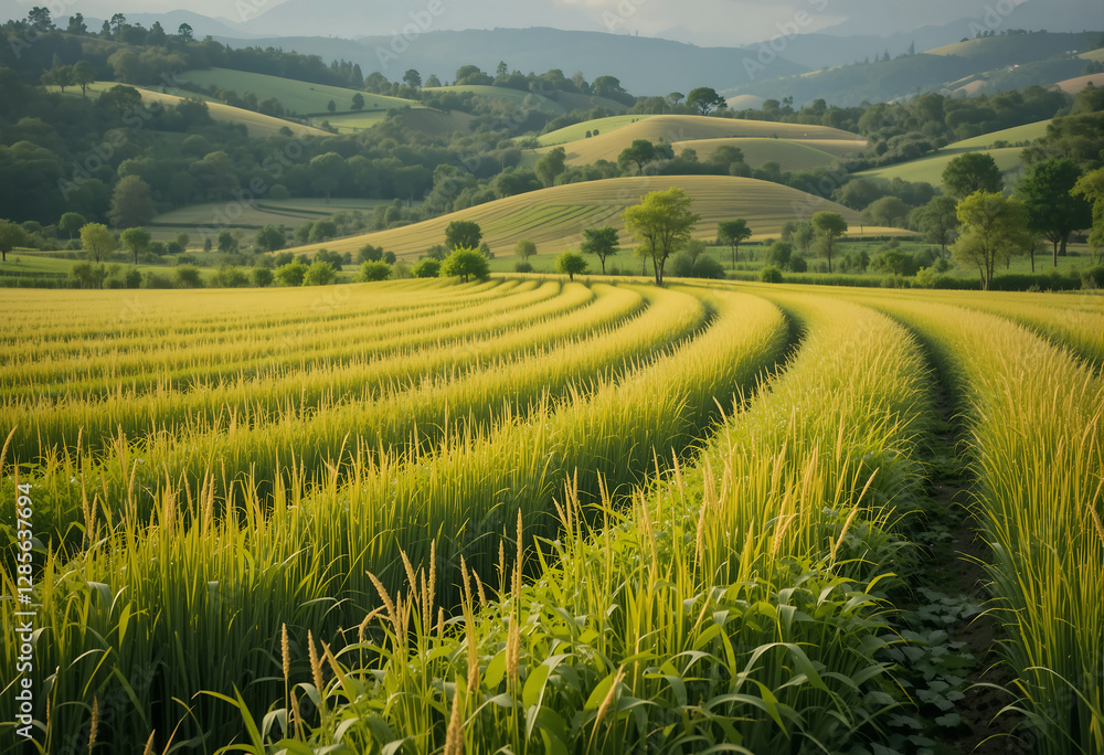 Green rice fields curve across the landscape. Rolling hills create a ...