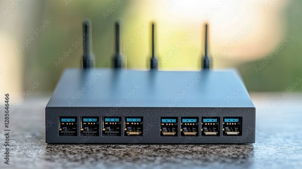 A sleek black router with multiple ports and antennas, designed for ...
