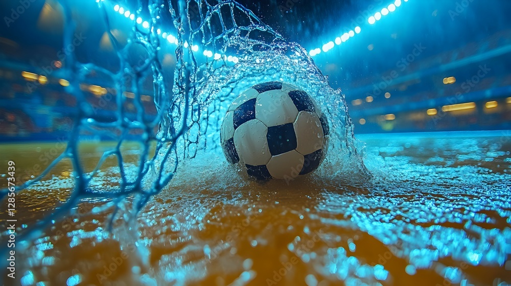 Scoring Goal with Soccer Ball in Net with Water Splash Action Stock ...