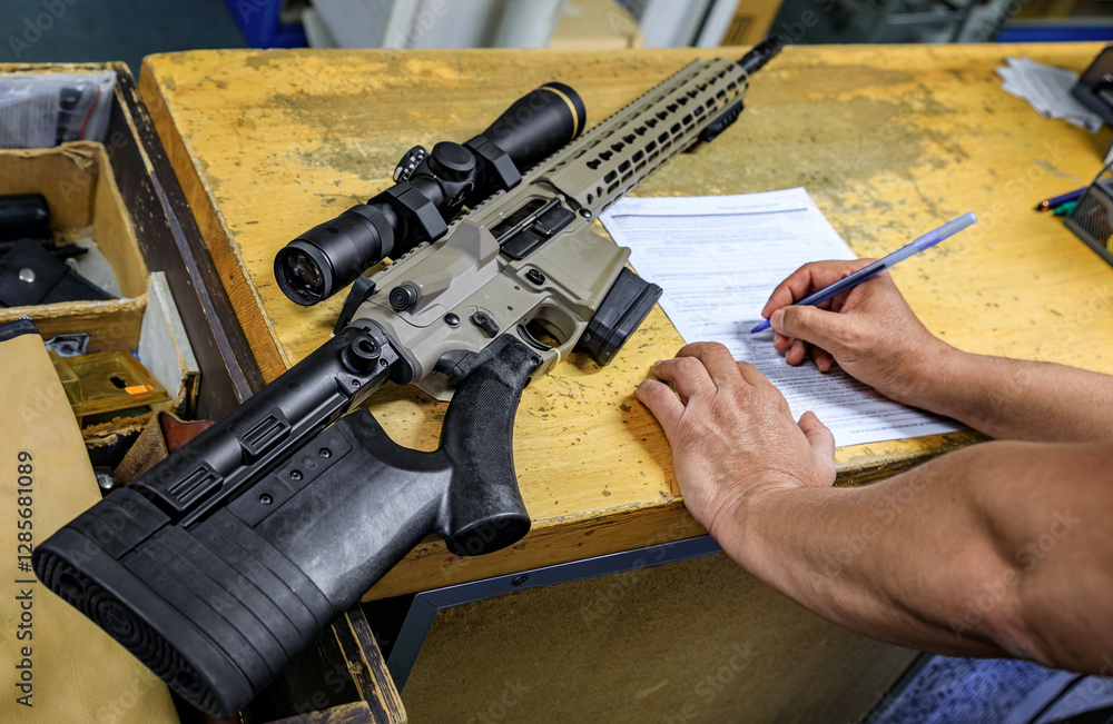 California gun shop: buyer signs paperwork for an AR-15 rifle, state ...