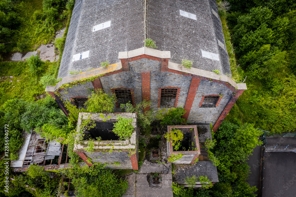 Ancient production hall of a coal mine, slowly decaying and overgrown ...
