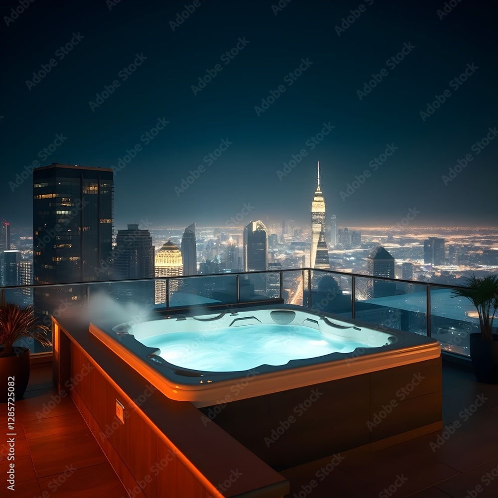 Penthouse con jacuzzi en la azotea, luces tenues y vista nocturna a una ...