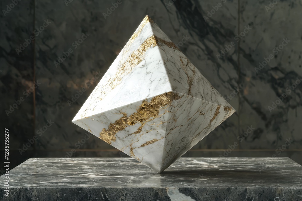 Futuristic stone and gold tetrahedron suspended in mid-air Stock Photo ...