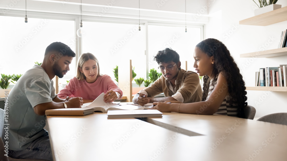 Four students gathered around table in modern study space, engaged in ...